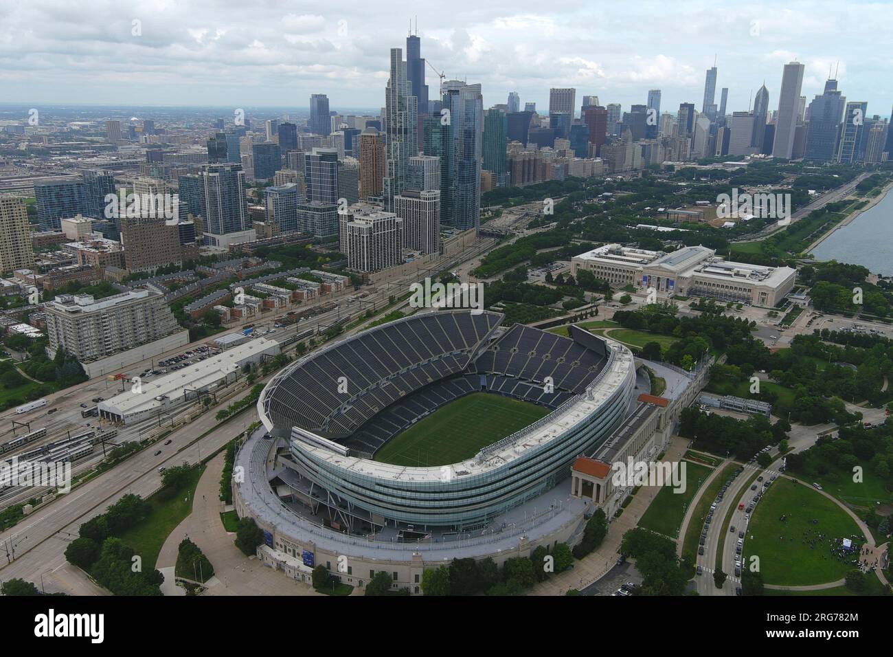 A general overall aerial view of Soldier Field and downtown skyline ...