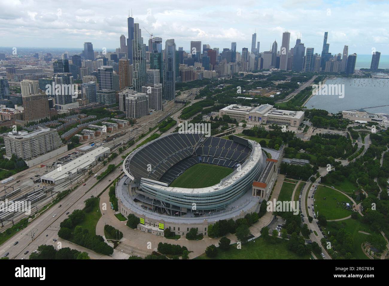 A general overall aerial view of Soldier Field and downtown skyline ...