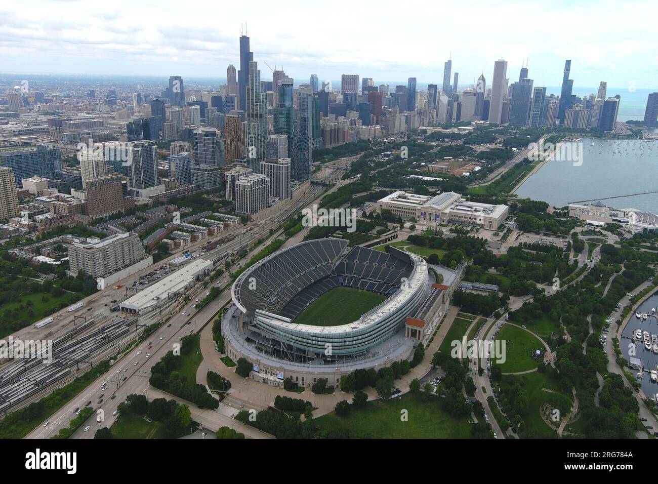 A general overall aerial view of Soldier Field and downtown skyline ...