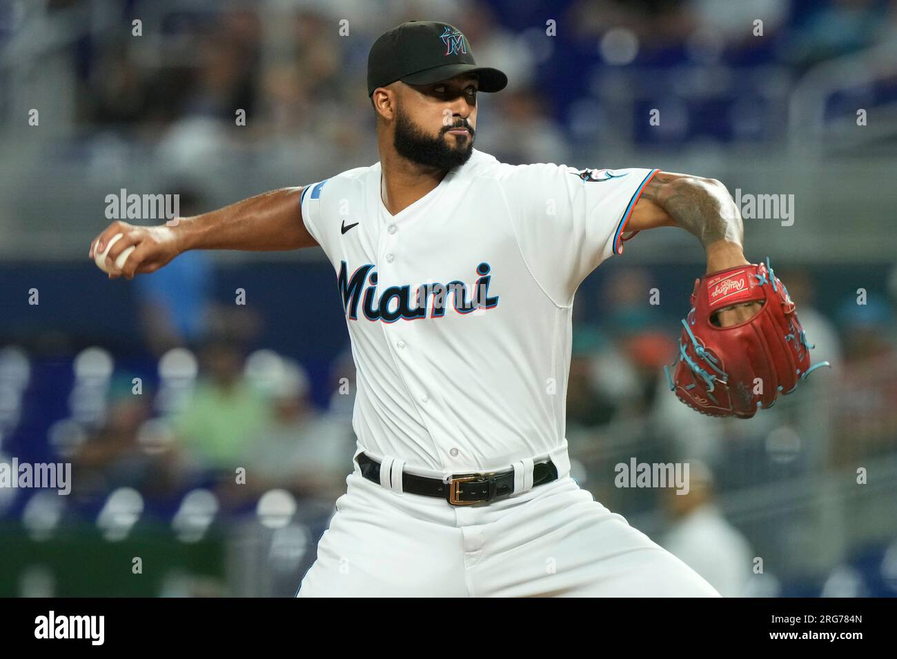 Miami Marlins starting pitcher Sandy Alcantara (22) aims a pitch during ...