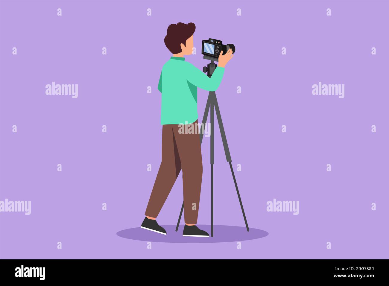 Character flat drawing back view of male photographer with camera on ...