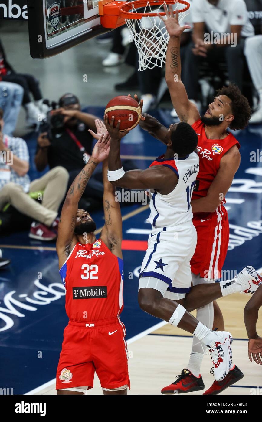 August 7, 2023: USA guard Anthony Edwards (10) drives to the basket ...