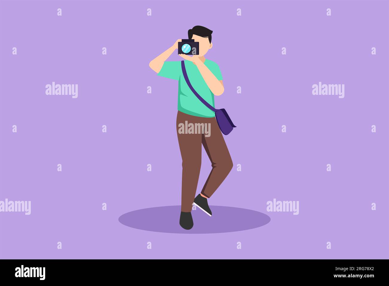 Graphic flat design drawing young active man with camera and sling bag ...
