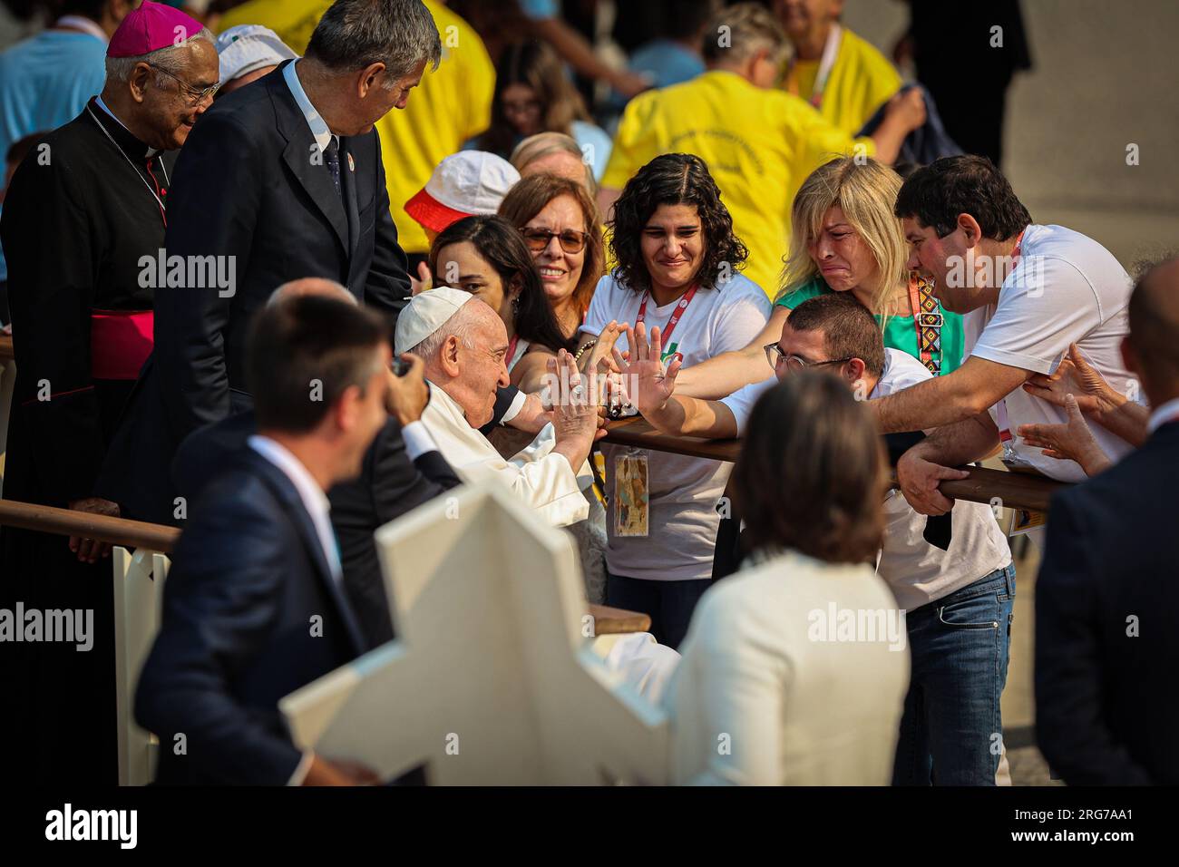 Fatima, Portugal. 5th Aug, 2023. Pope Francis waves to pilgrims while ...