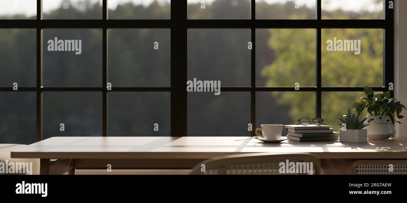Copy space for product display on a wooden table against the window in ...