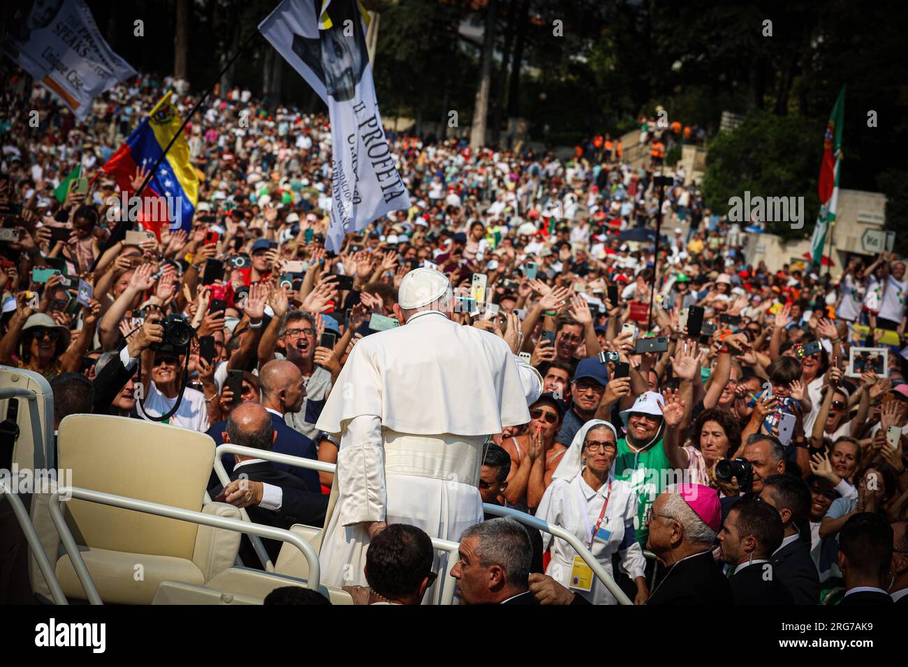 Fatima, Portugal. 5th Aug, 2023. Pope Francis waves from the popemobile ...
