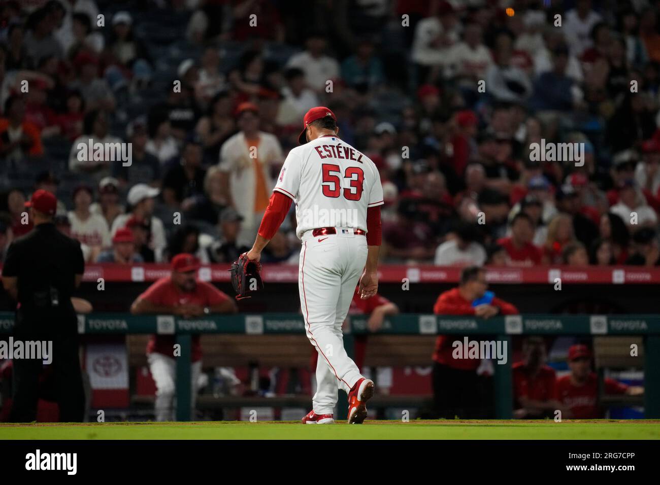 Los Angeles Angels relief pitcher Carlos Estevez (53) leaves the mound ...