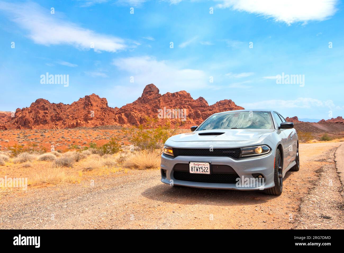front 3/4 view grey 2023 Dodge charger Hemi sports muscle car in fire ...