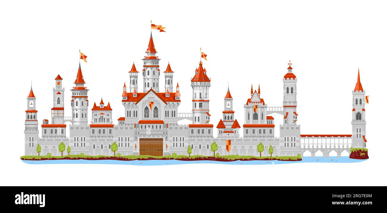 Medieval fortress castle tower and turret, wall and palace gate, bridge ...