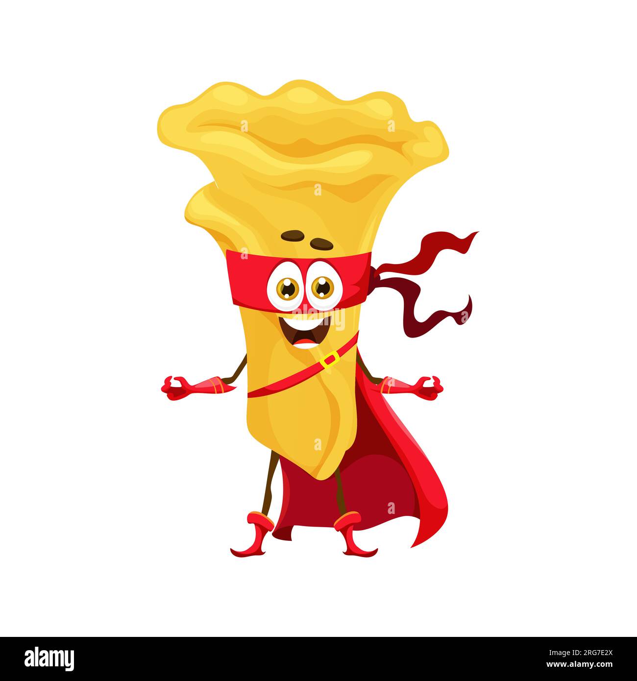 Cartoon campanelle italian pasta food superhero character wear red ...