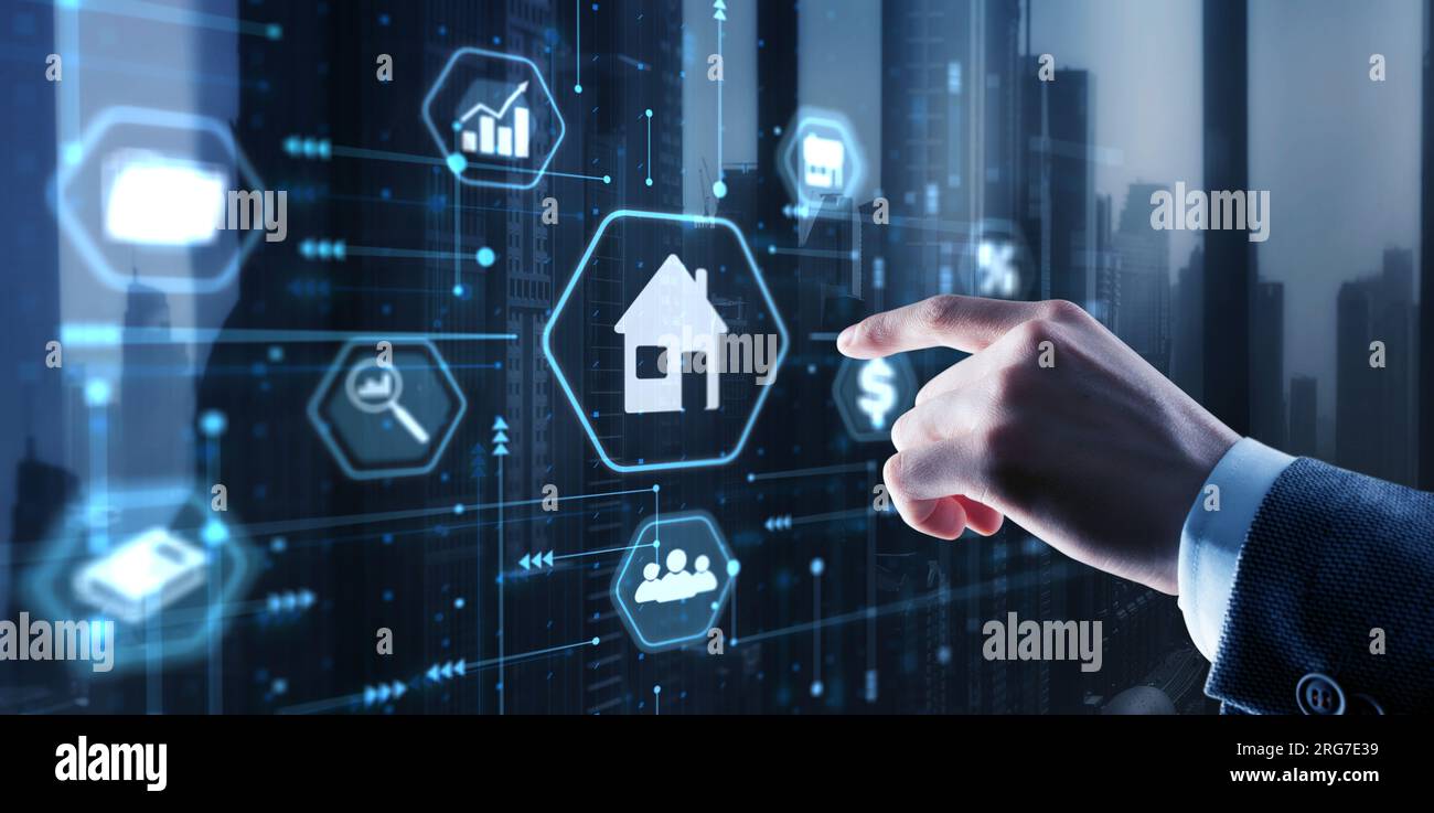 Businessman presses a button Smart home Automation Control System ...