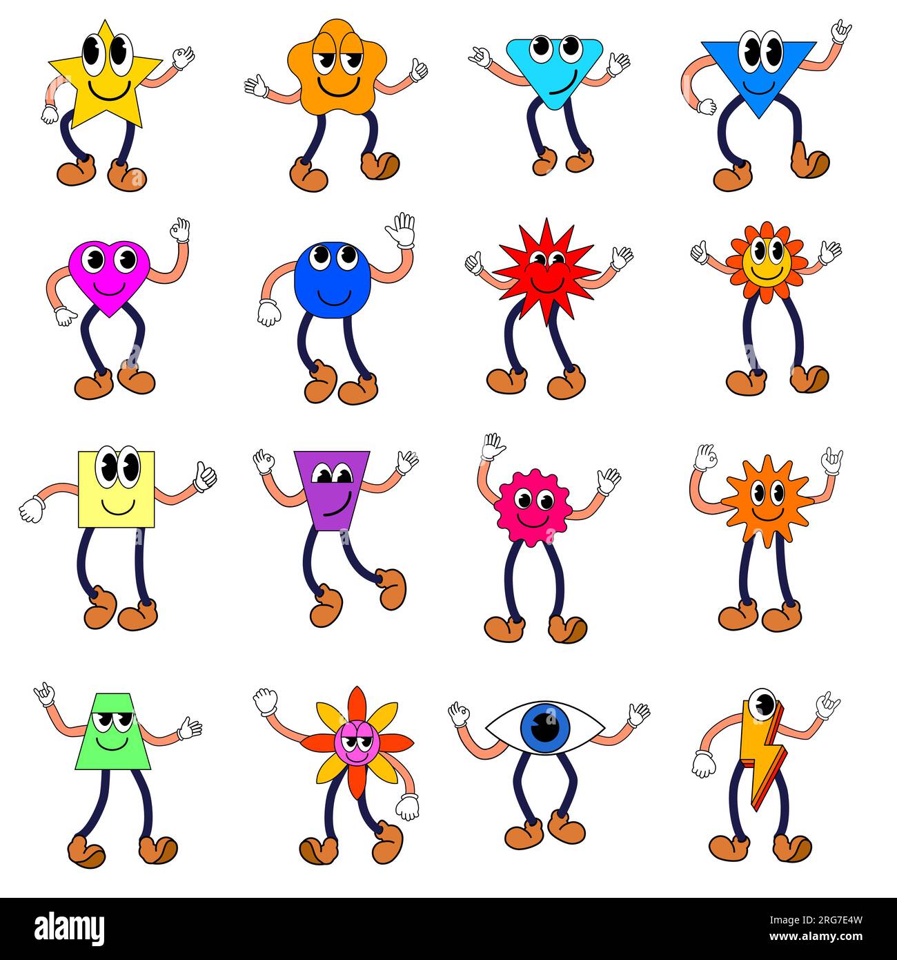 Cartoon Set of Groovy funny cartoon smile characters, vintage. Funky ...