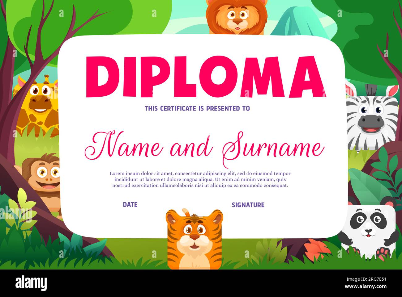 Kids diploma with square animal faces or cartoon zoo characters, vector ...