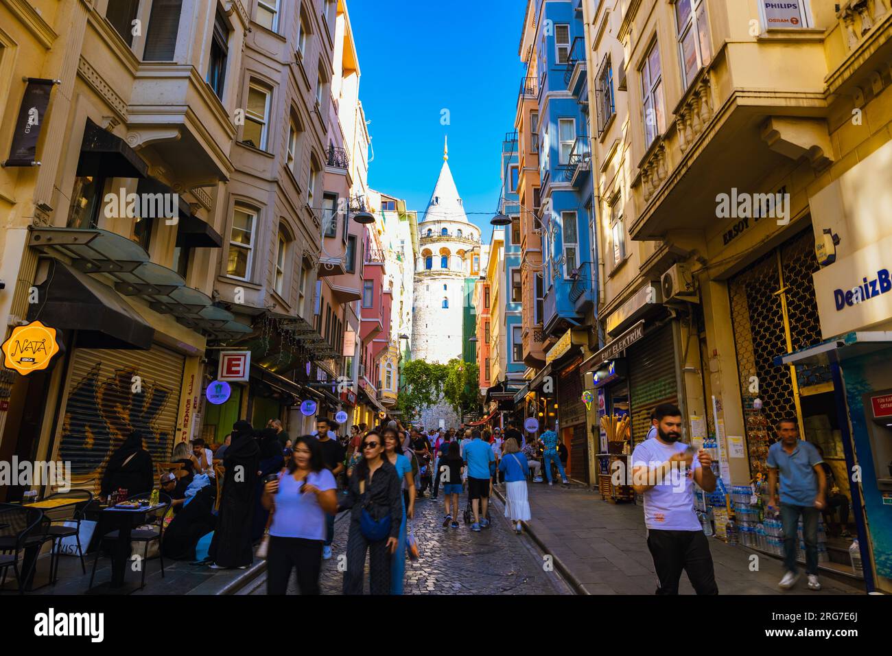 Tourists and Galata Tower. Visist istanbul background photo. Istanbul ...