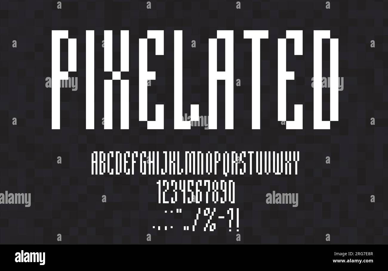 Pixel font, 8 bit geometric alphabet, digital typeface, binary type. Retro arcade game vector ...