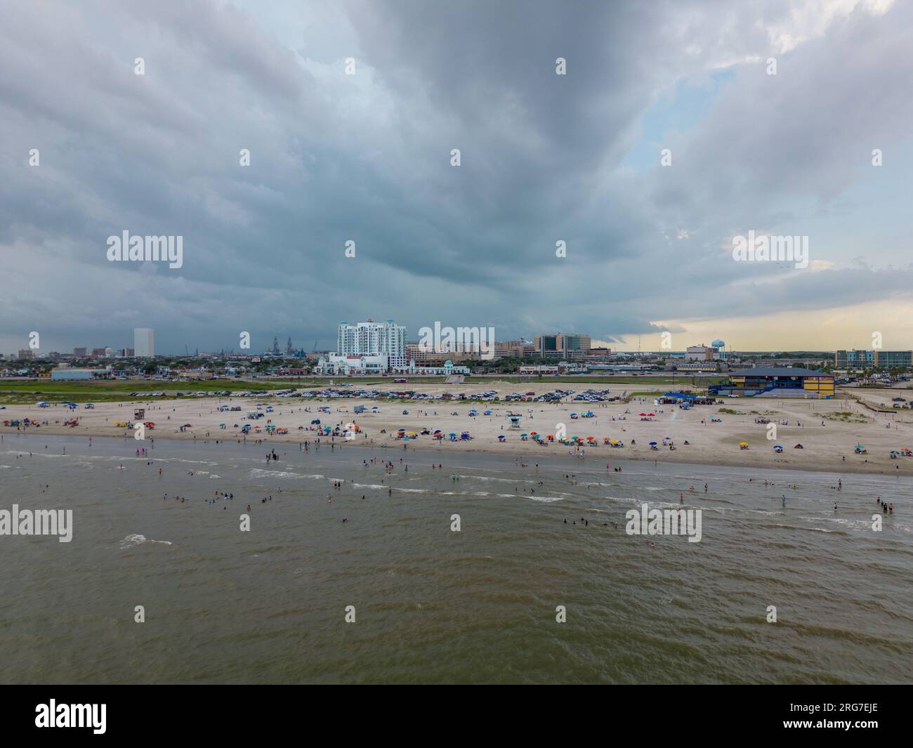 Aerial photo storms moving in over Galveston Beach Texas Stock Photo ...