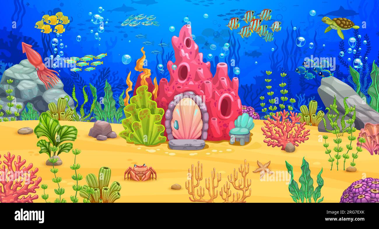 Cartoon underwater landscape for game level map with sea coral house ...