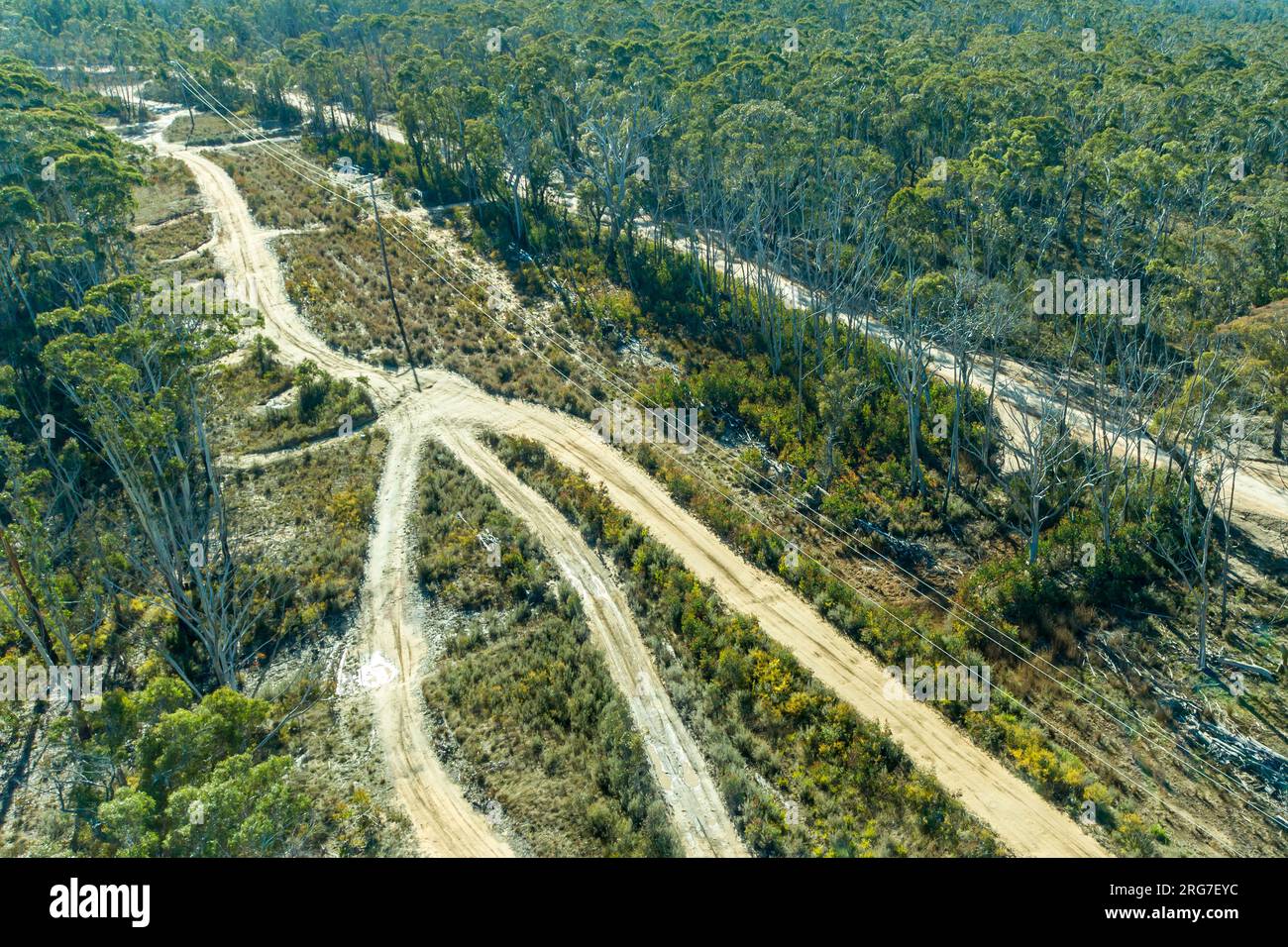 Drone aerial photograph of telephone lines and a dirt track running ...