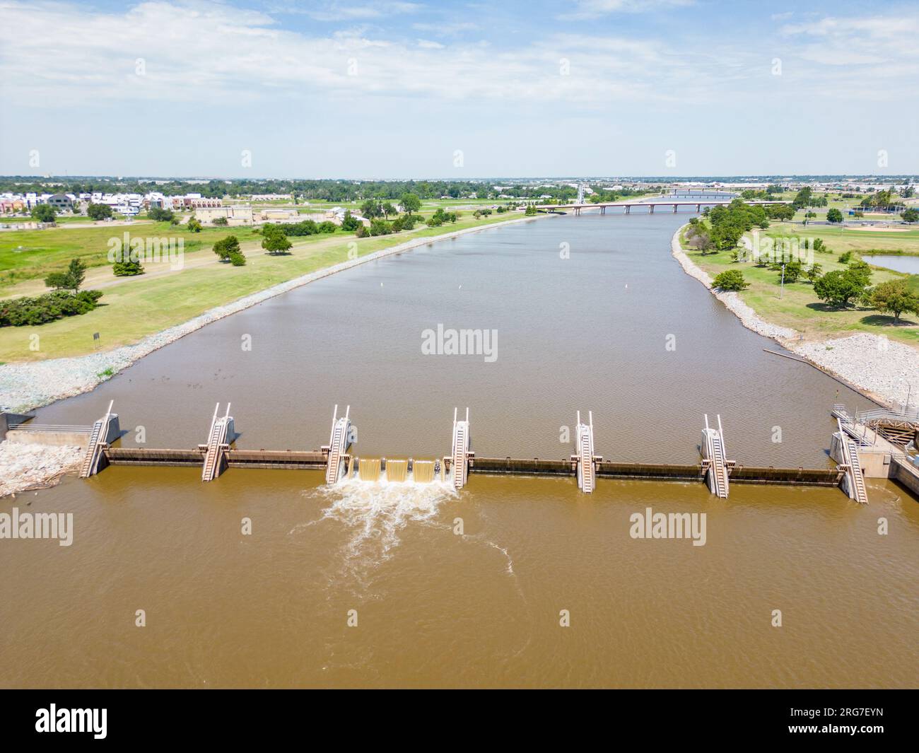 Aerial photo dam on the Oklahoma River Scissortail Park South Stock ...