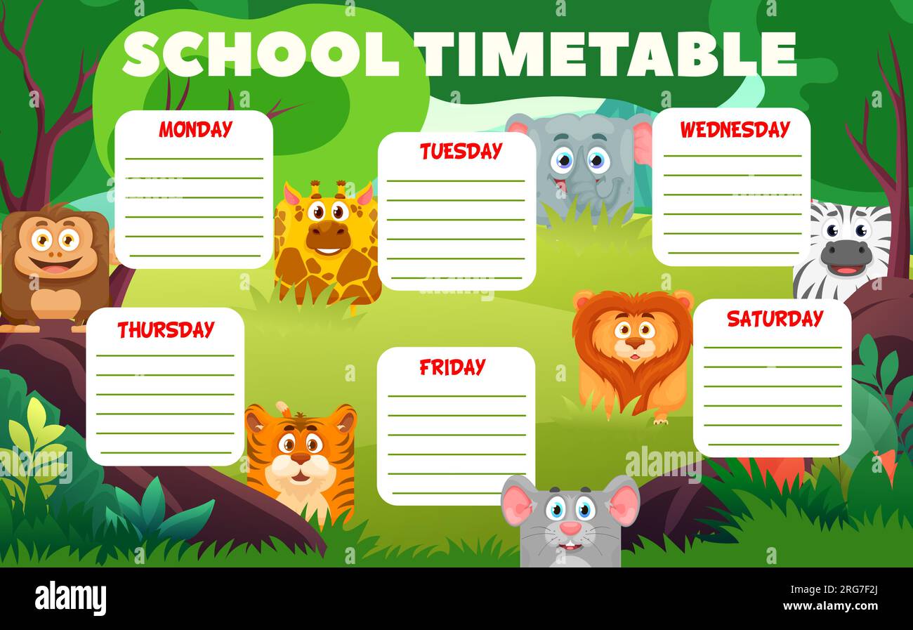 Education timetable with square animal faces, cartoon zoo characters on ...