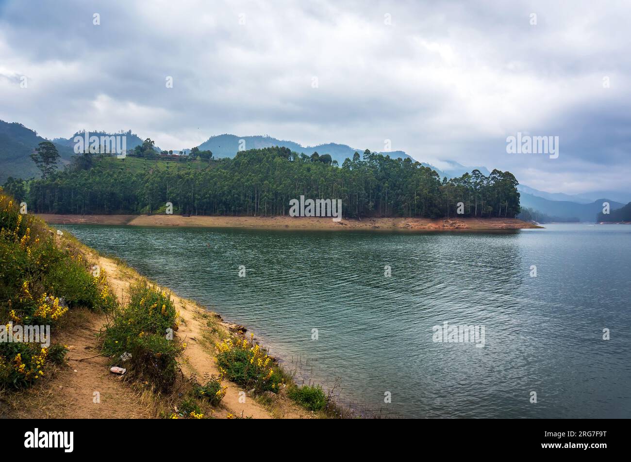 Mountain lake Kundale with overcast sky in Munnar, Kerala, India Stock ...