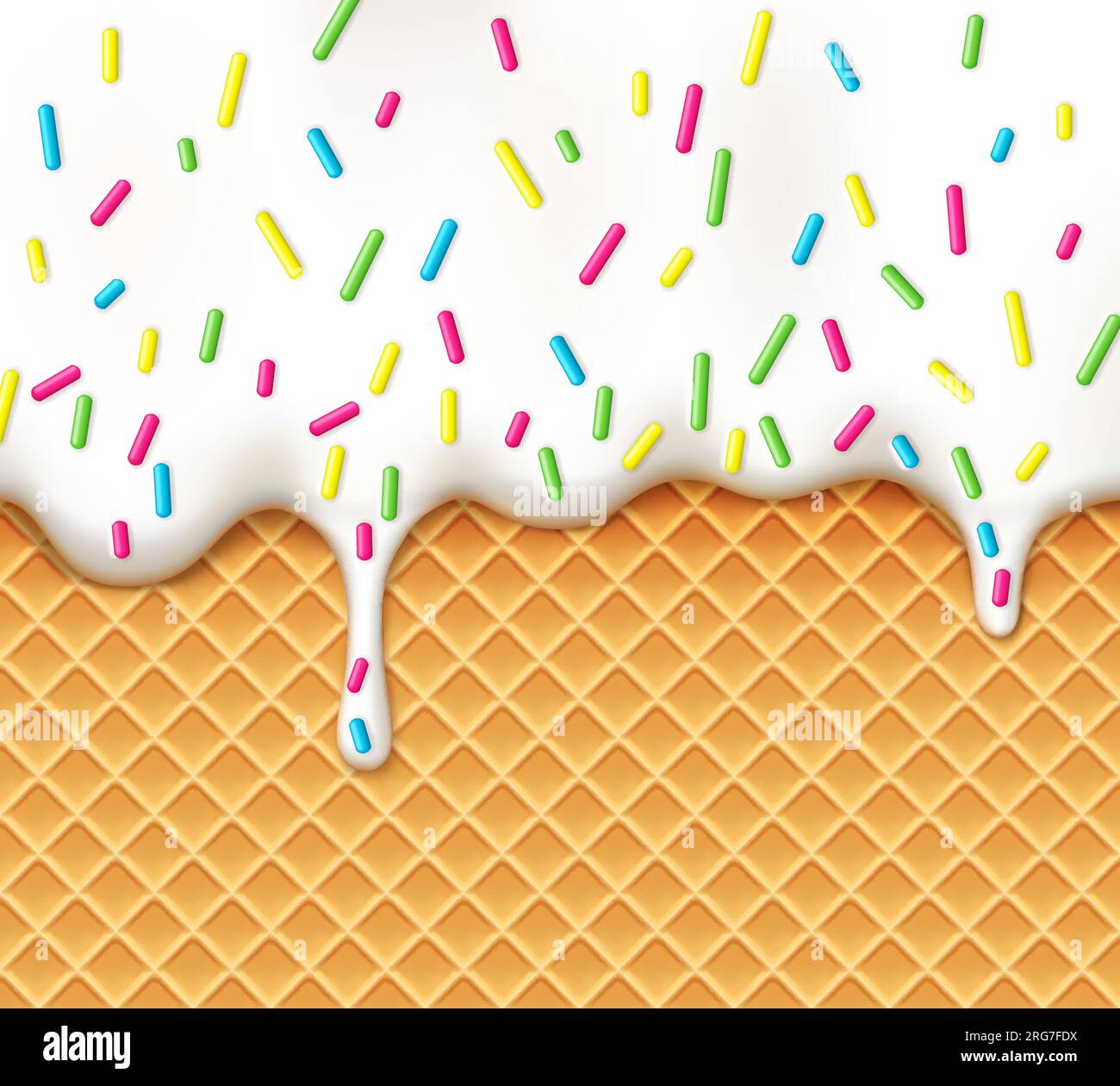 Realistic Ice Cream Drip On Wafer Cone Background With Candy Sprinkles