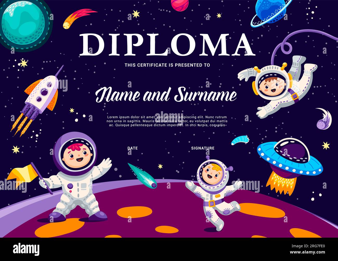 Kids astronaut diploma. Boys and girl astronauts on space planet ...