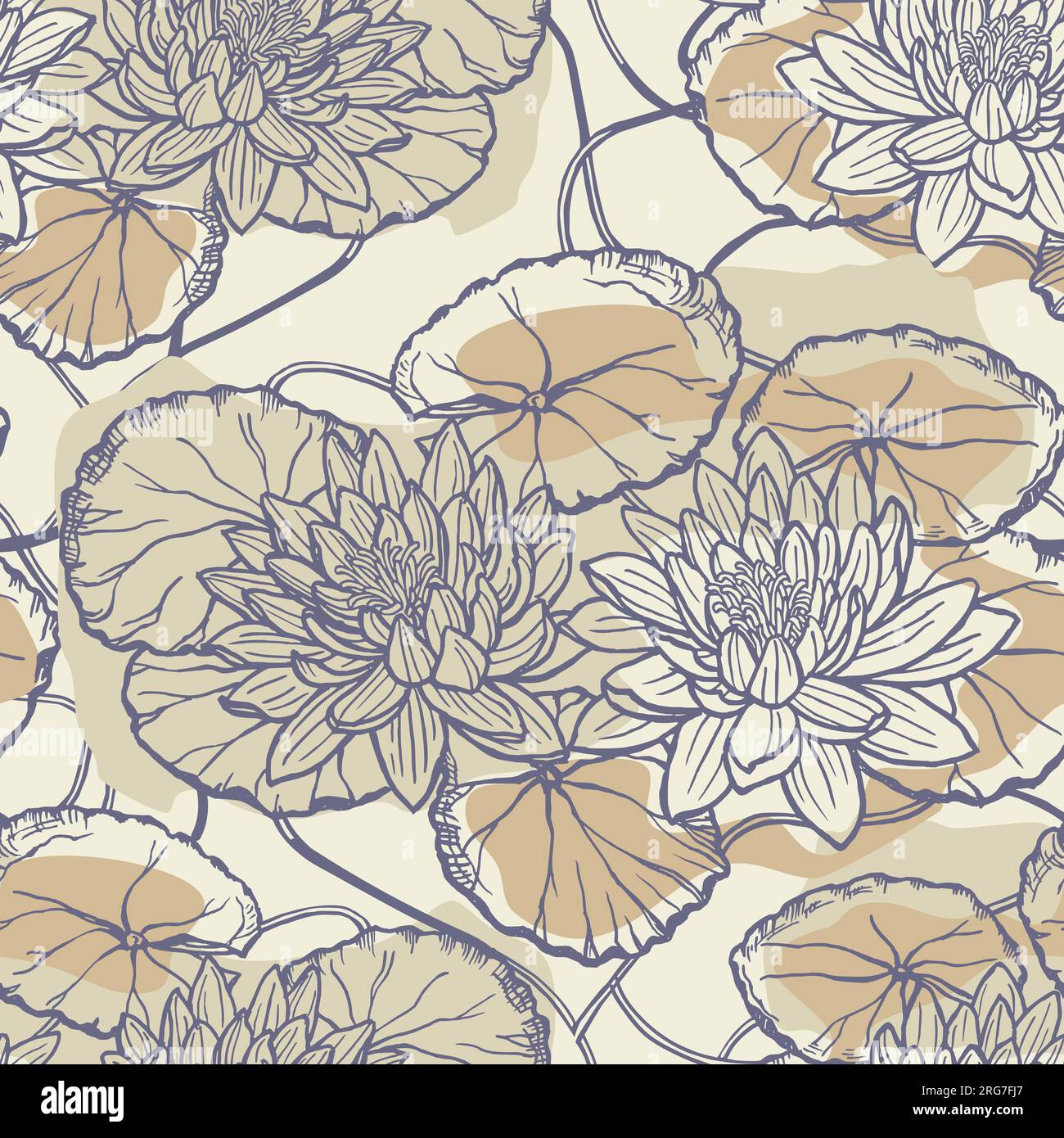 Floral seamless pattern with hand drawn lotus flowers and leaves ...