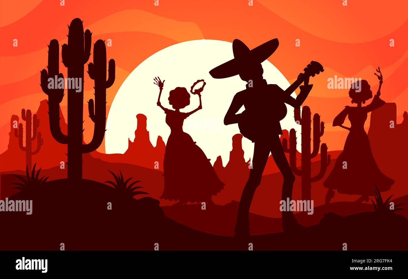 Mexican desert sunset landscape. Silhouettes of mariachi musician and ...