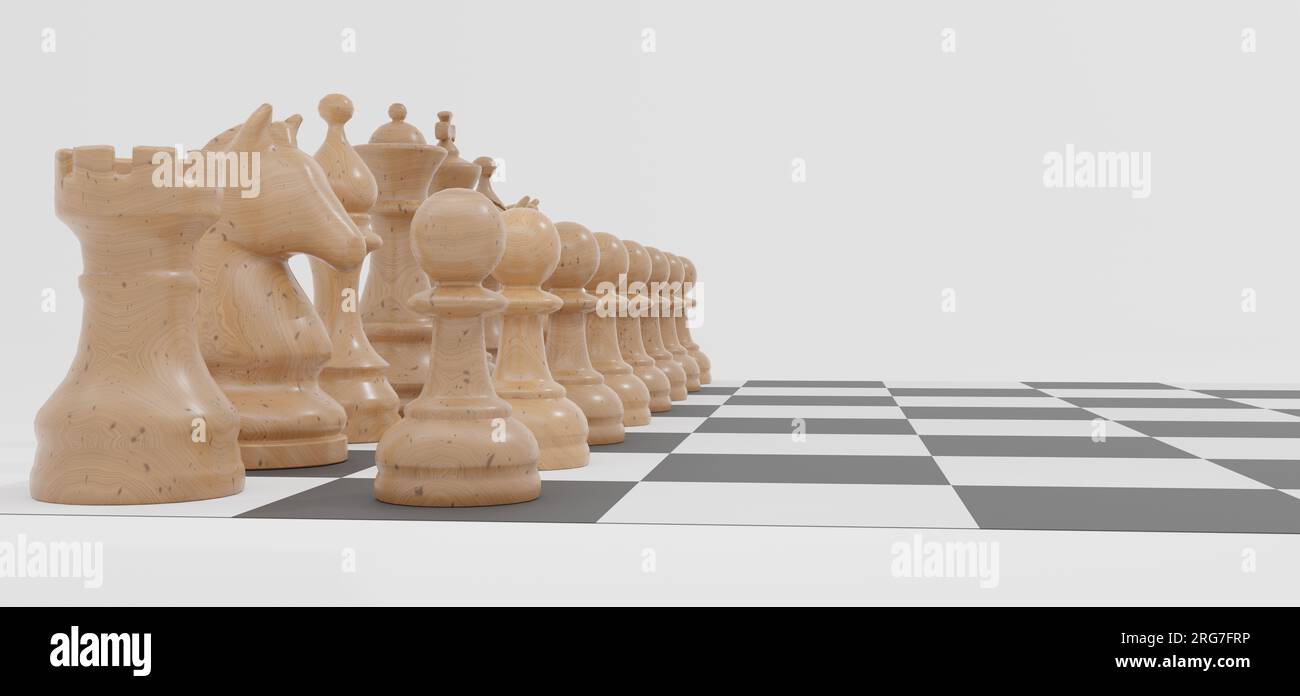 Chess pieces on a chessboard, side view with text free space, 3d ...