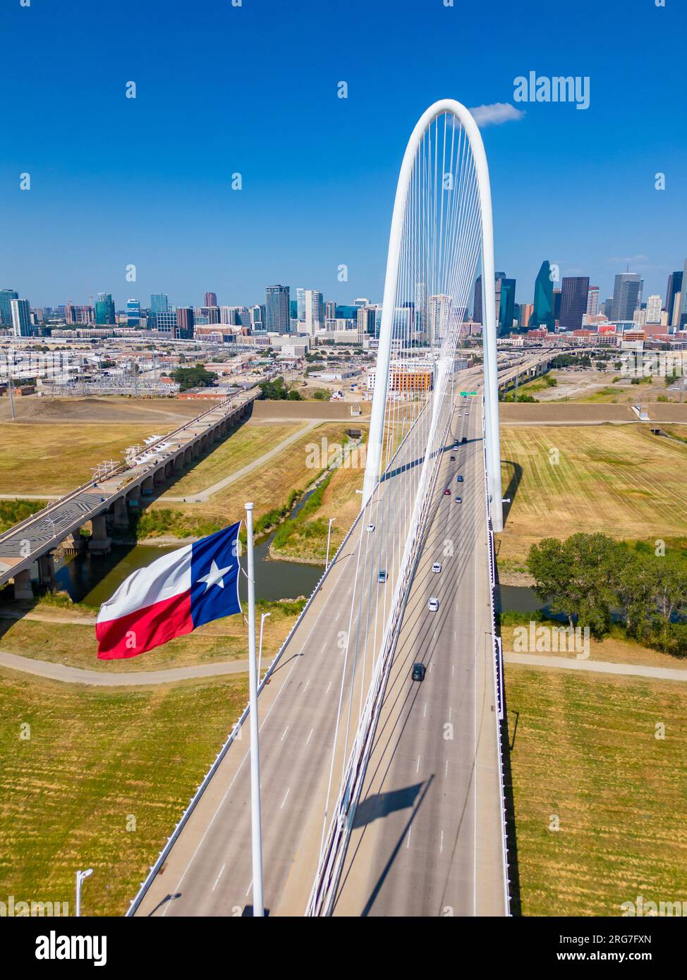 Aerial photo Margaret Hunt Hill Bridge Dallas Texas Flag Stock Photo ...