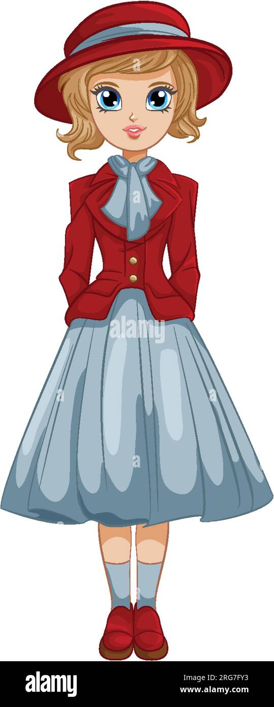 A cartoon illustration of a Western girl wearing a vintage Victorian ...