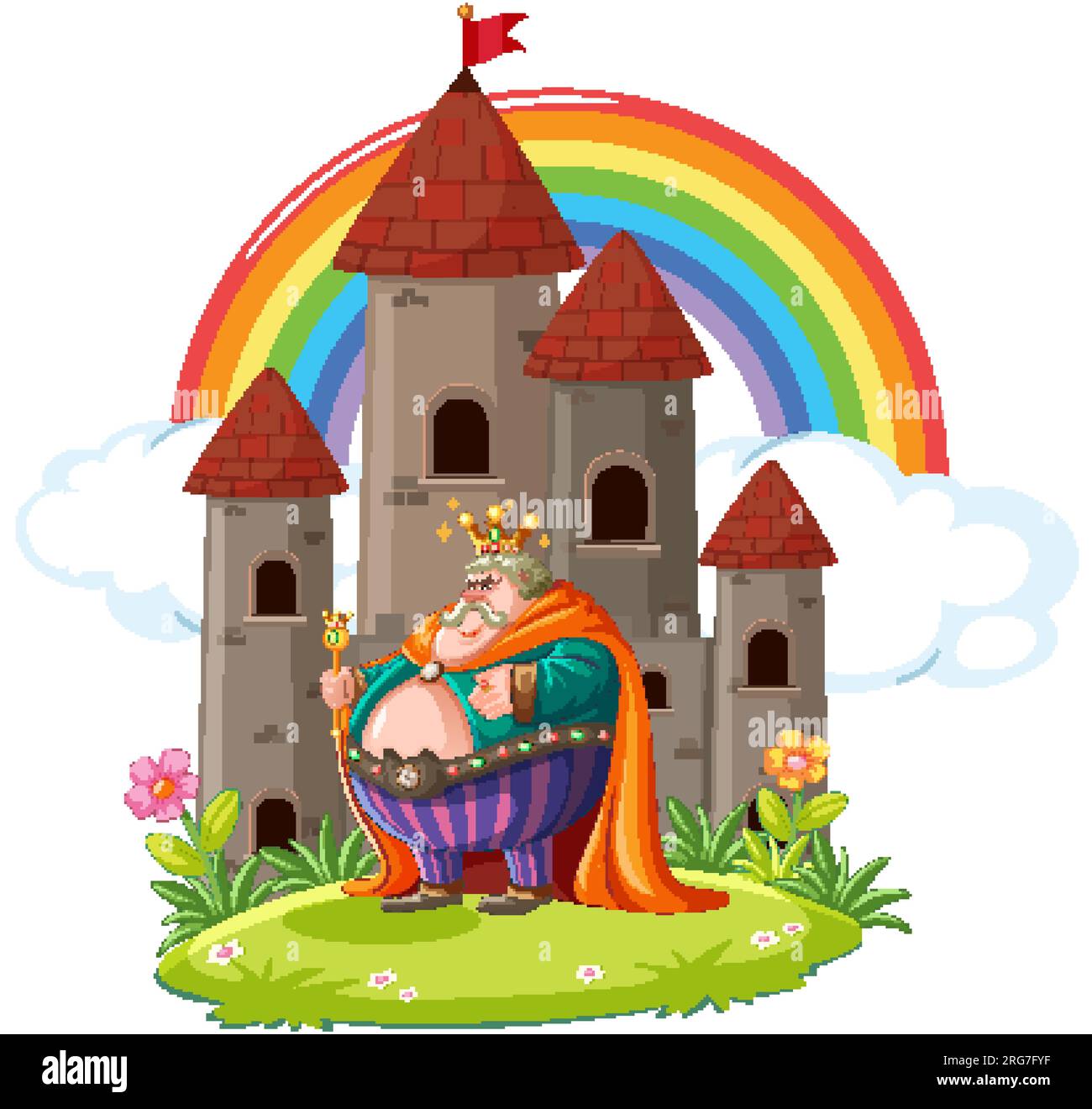 A fat, grumpy king cartoon stands in front of a castle in a vector ...