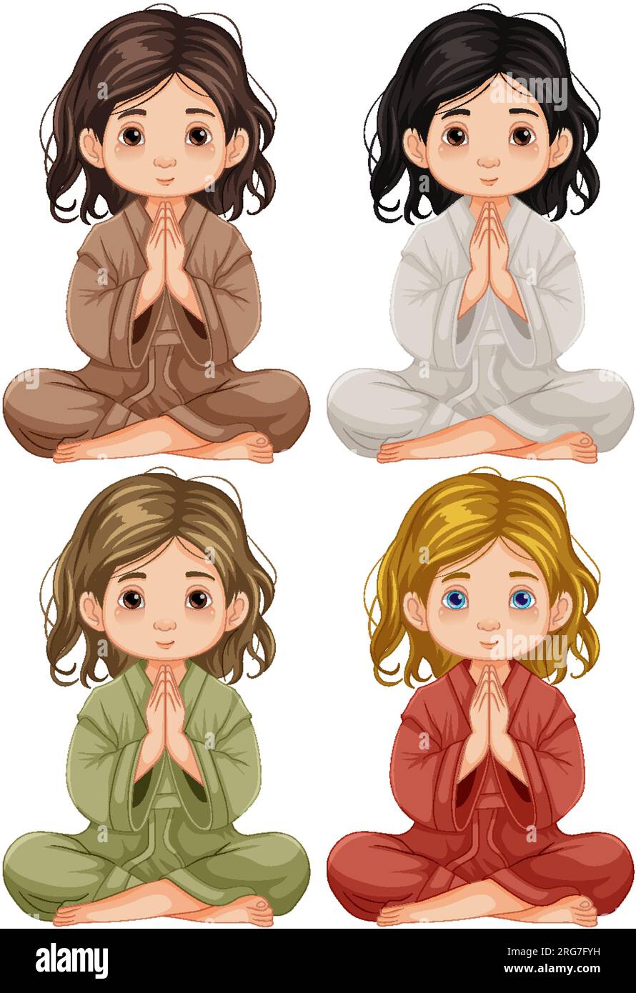 Four girls are sitting in different colored clothing, praying and ...