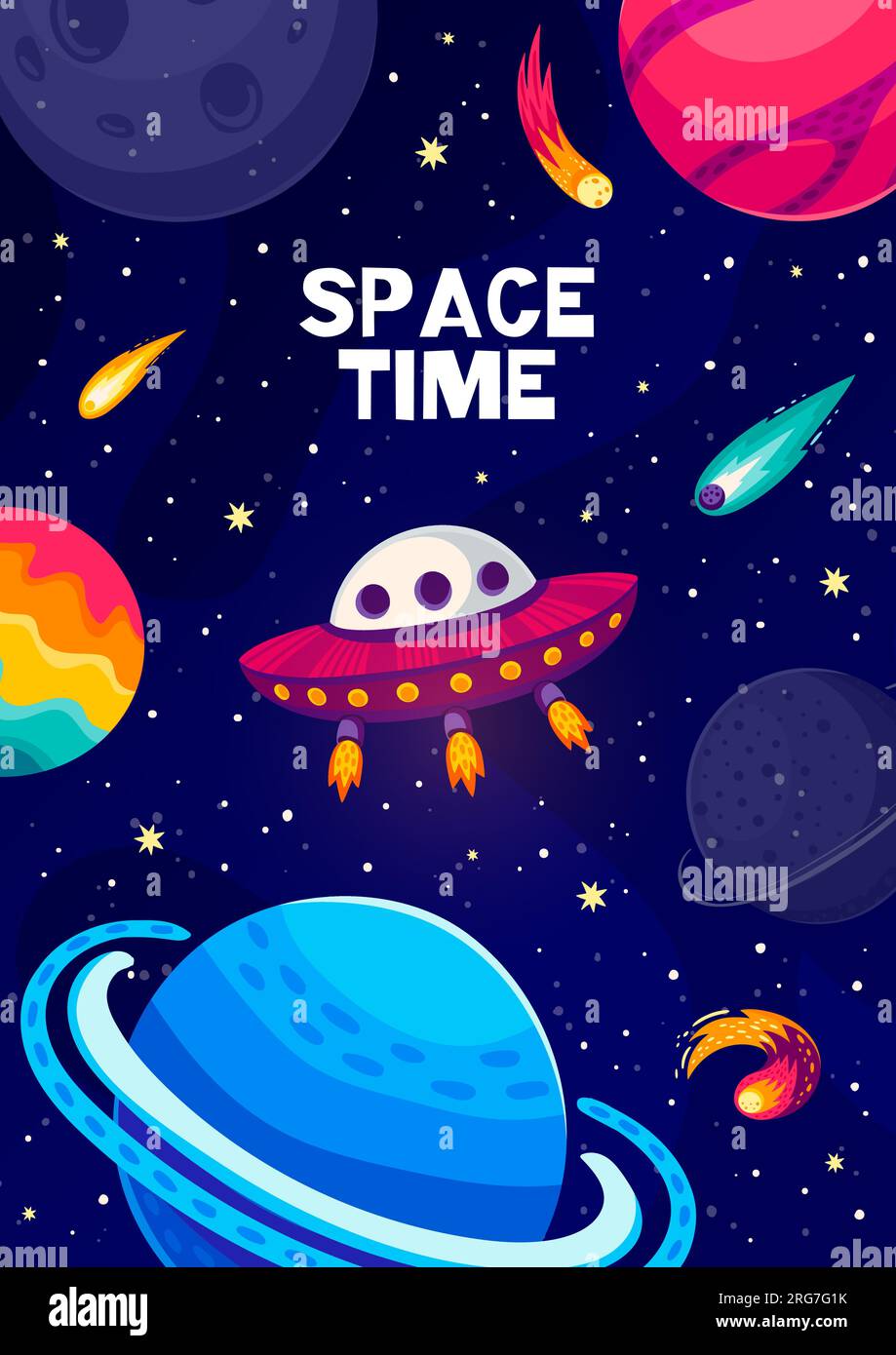 Cartoon space landscape poster. Starry galaxy, ufo and planets. Vector ...