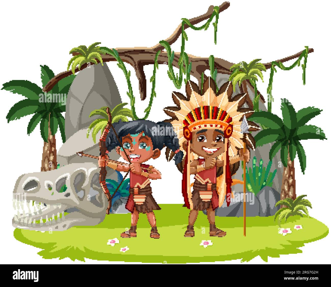 A vector cartoon illustration of indigenous people hunting in the ...