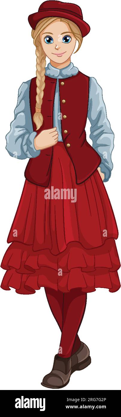A beautiful woman wearing a classic vintage outfit in a vector cartoon ...