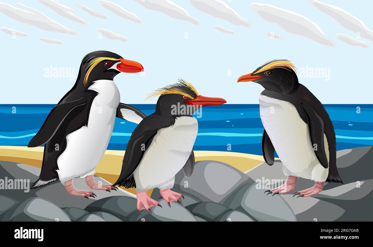 A cartoon illustration of an adorable penguin standing on a beach Stock ...
