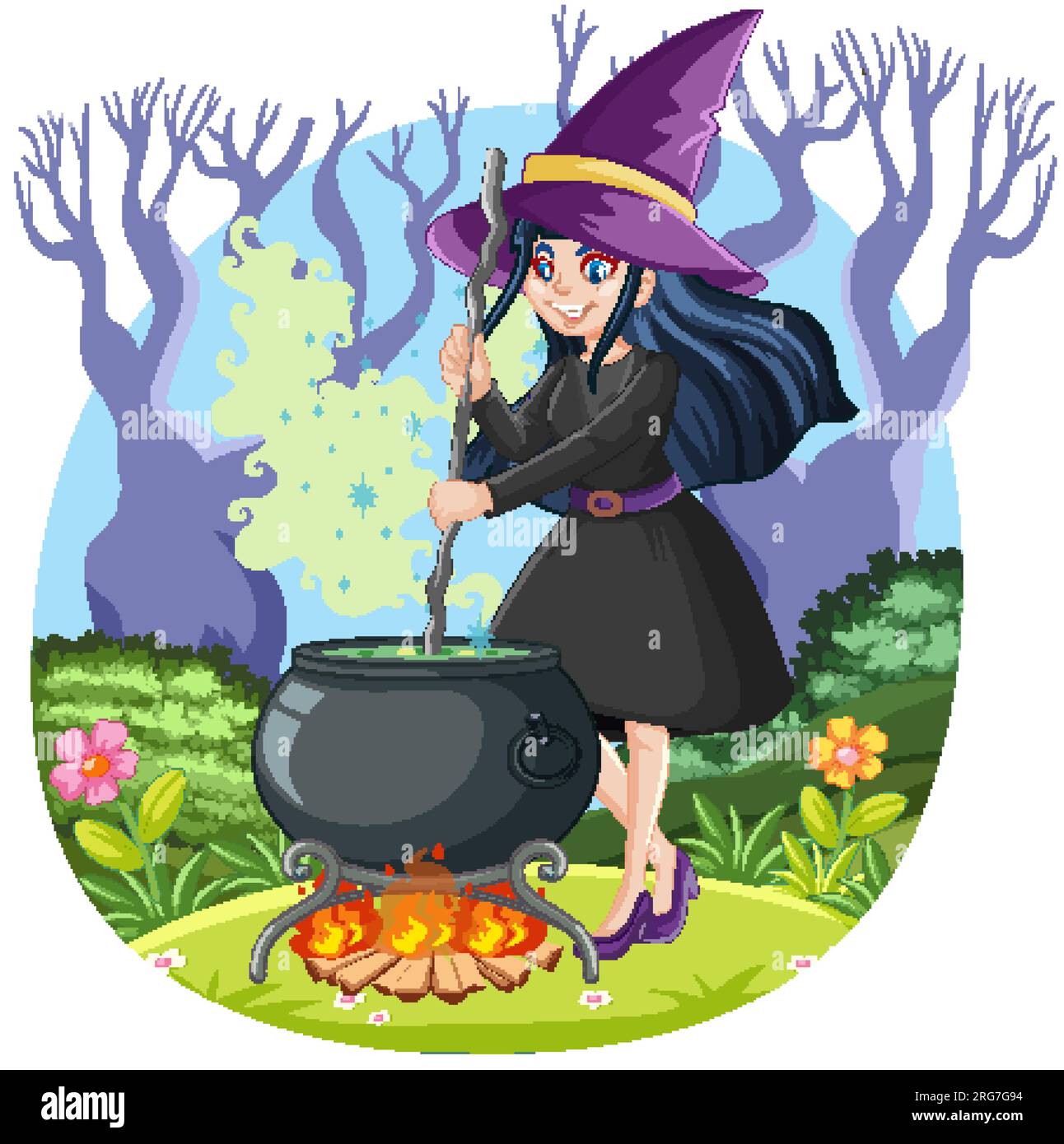A fantasy witch is cooking up a mysterious potion in a dark forest ...