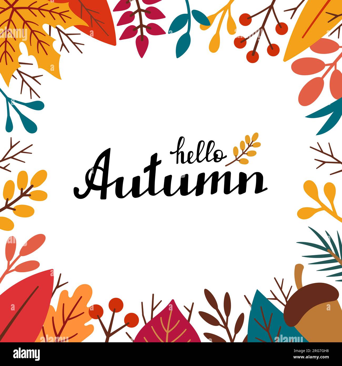 Autumn square frame. Hello Autumn lettering. Fall foliage frame in ...