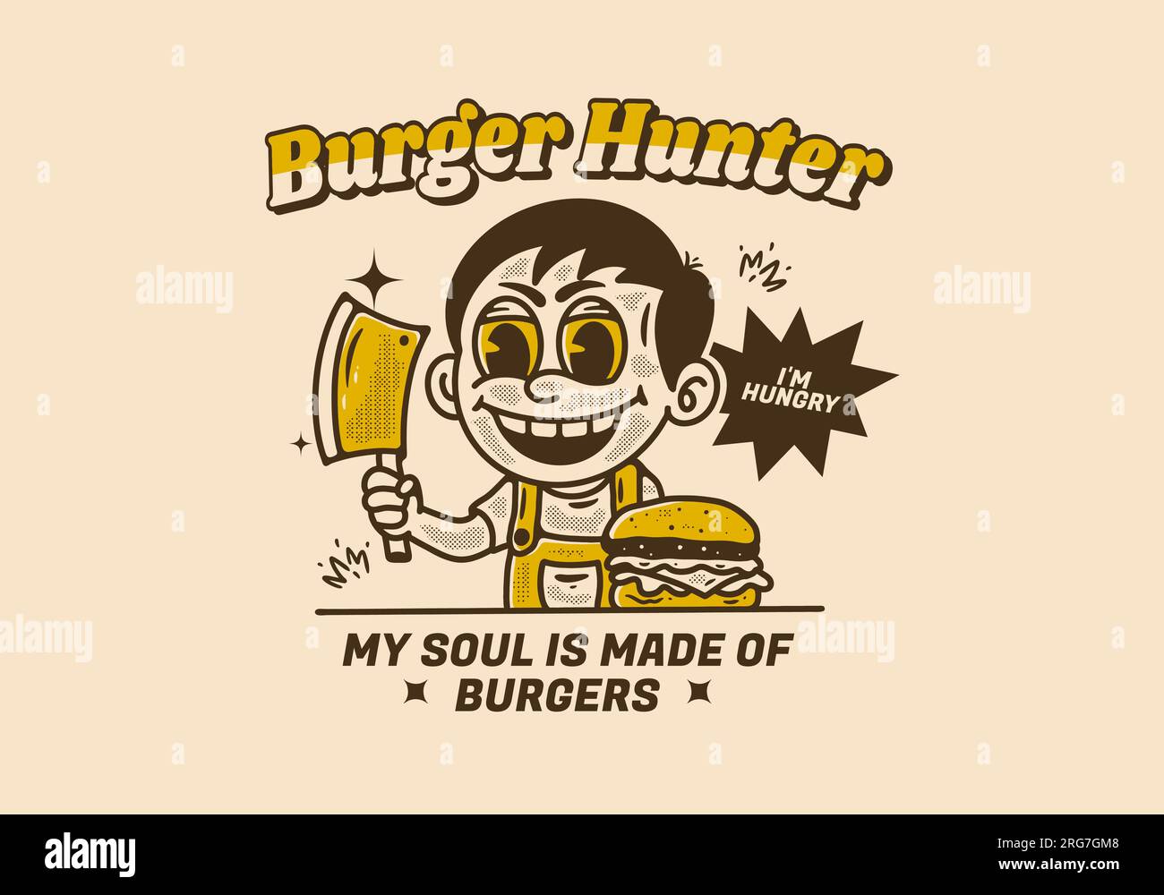 Burger hunter, illustration of a boy holding butcher knife with burger ...