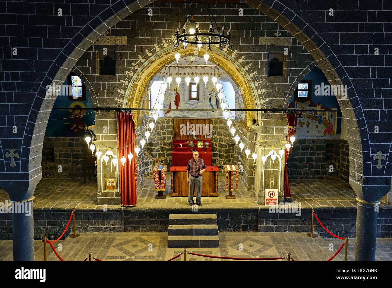 A view of an altar of the St. Pithyon Church. A religious officer was ...