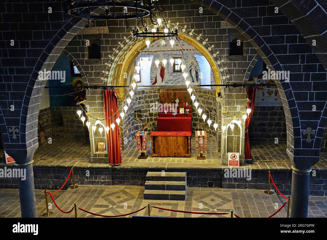 A view of an altar of the St. Pithyon Church. A religious officer was ...