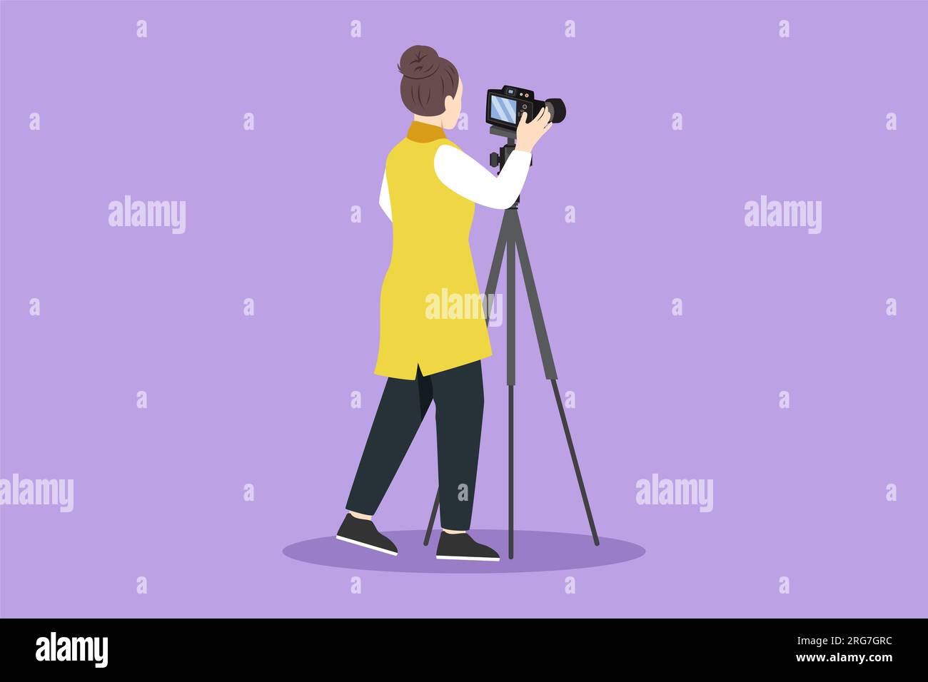 Graphic flat design drawing back view of female photographer with ...
