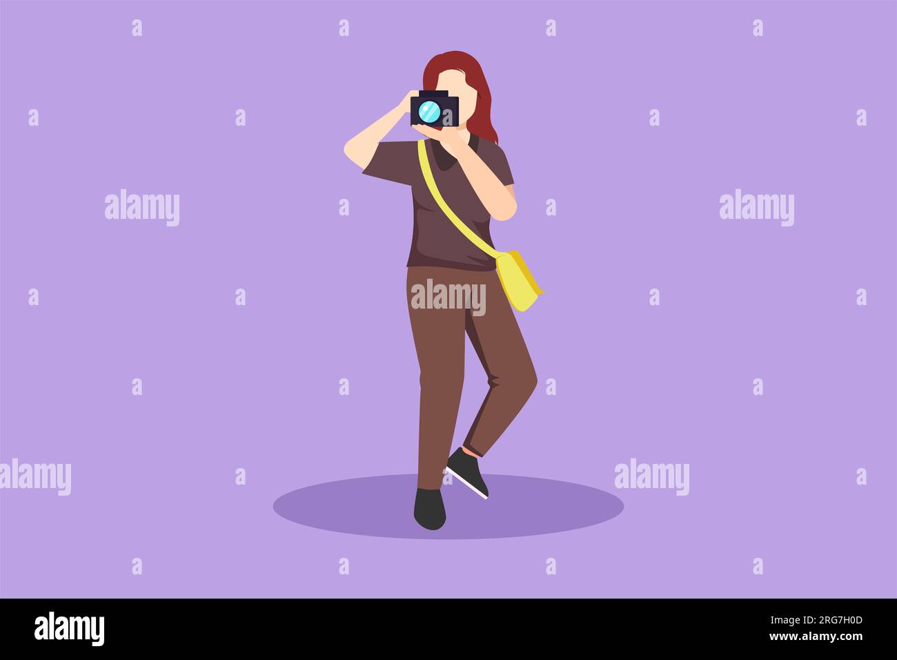 Cartoon flat style drawing beautiful woman with camera and sling bag ...