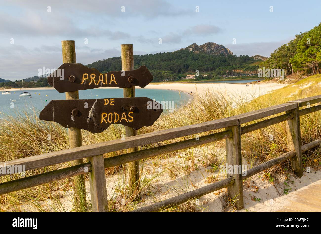 Praia de Rodas beach sign, Cies Islands, Atlantic Islands Galicia ...