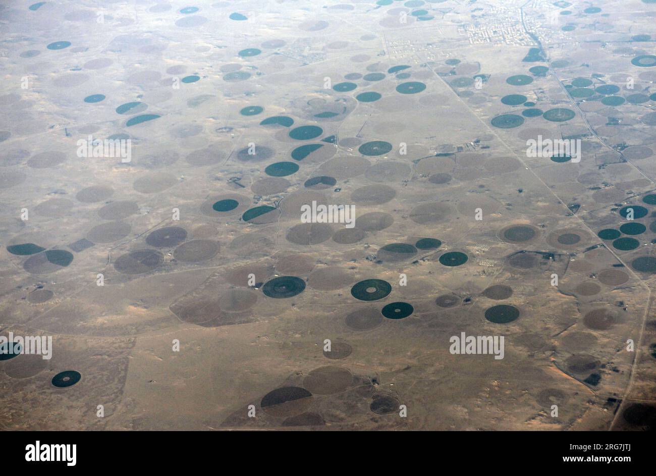 Aerial view of circular agriculture fields in the Arabian desert in ...