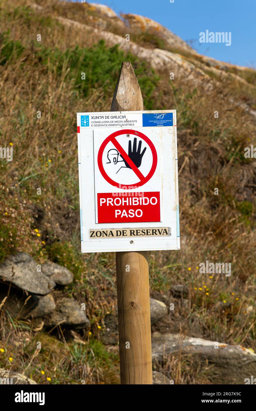 Sign protected area 'Zone de Reserva', Cies Islands, Atlantic Islands ...
