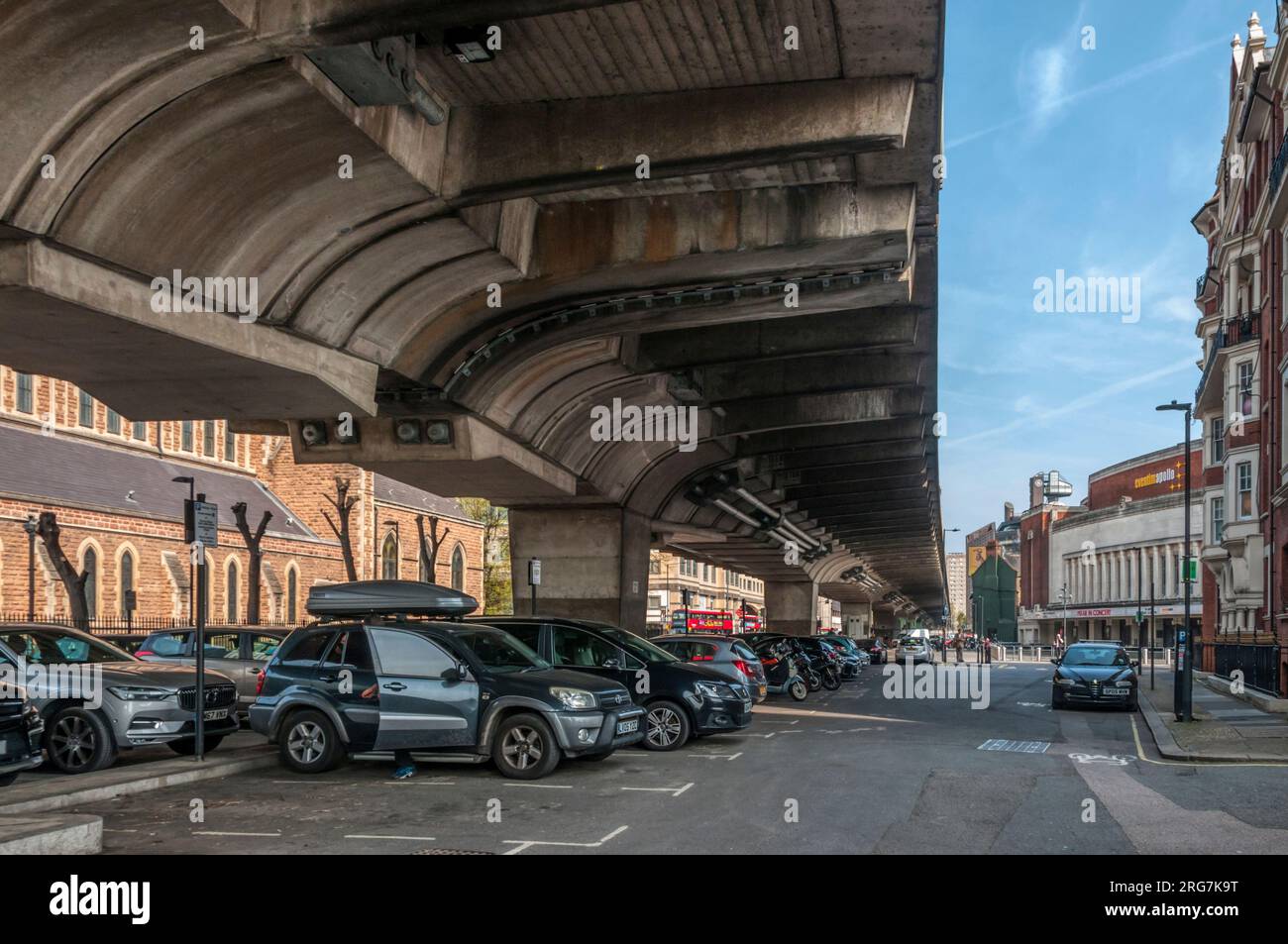 View east along Sussex Place beneath the Hammersmith flyover in west ...