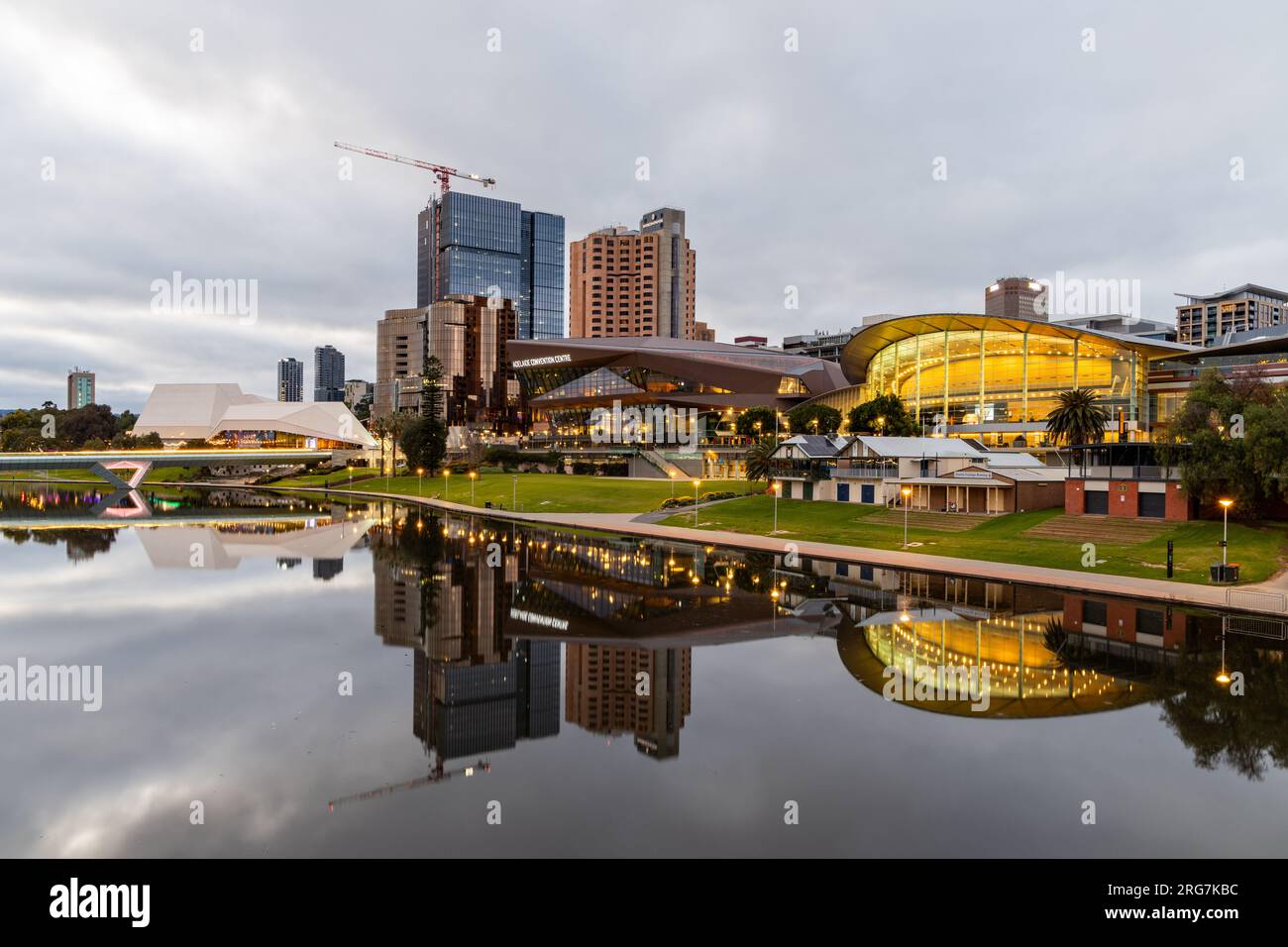 The riverbank precinct reflecting in the River Torrens in Adelaide ...